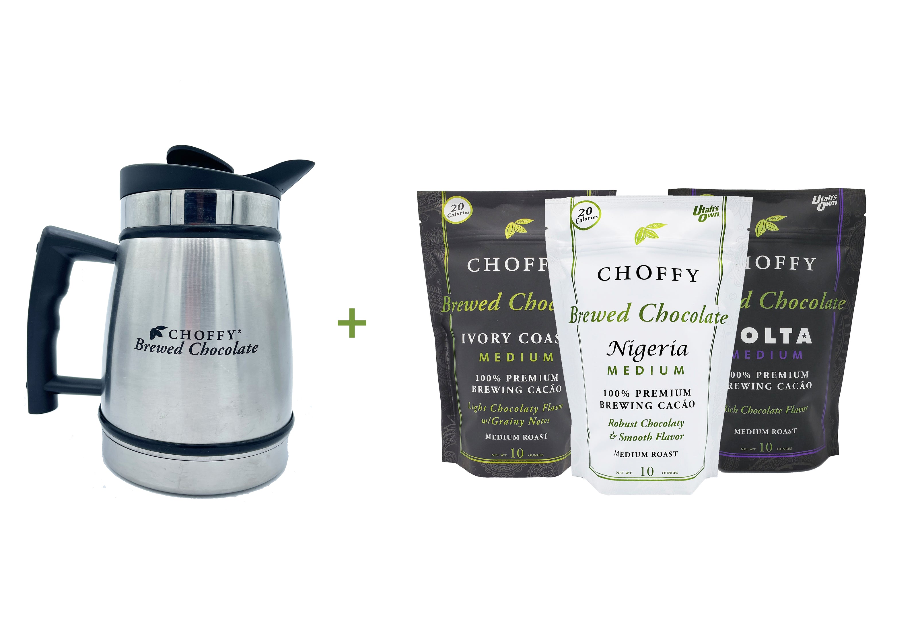 Choffy Brewed Cacao - 10 oz Medium Roast Variety Set with French Press